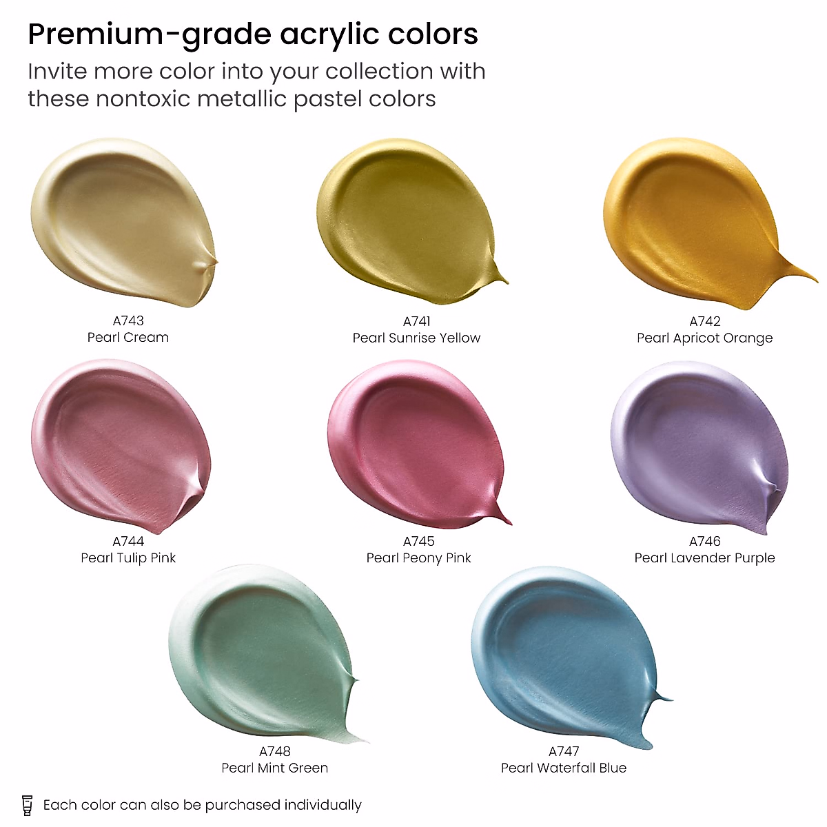 ARTEZA Pastel Acrylic Paint, Set of 8, Metallic Tones, 4.06 fl oz Tubes, High Viscosity Water-Based Paint, Glossy Finish, Art Supplies for Painting Paper, Canvas, Wood and Fabric, and DIY Projects