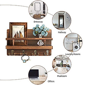 Key Holder for Wall Wooden Mail Holder for Wall Rustic Key Hanger for Wall Key Rack with 4 Double Key Hooks and A Floating Shelf Home Decor Mail Organizer Wall Mount for Entryway - All Solid Pine Wood