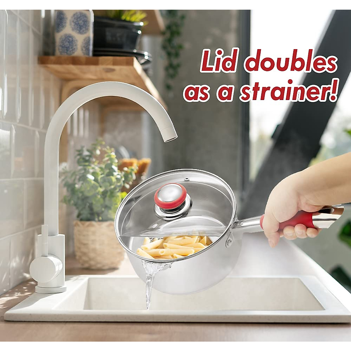 Concord 3 Quart Stainless Steel Saucepan with SIMPLE POUR Vented Glass Lid. Features Dual Pouring Spouts and Volume Marking. Perfect for making Sauces, Jam, Ramen, and more
