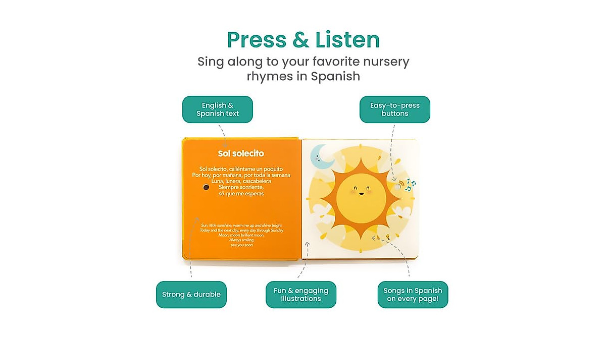 Binibi Spanish Musical Book for Toddlers - Bilingual Nursery Rhymes
