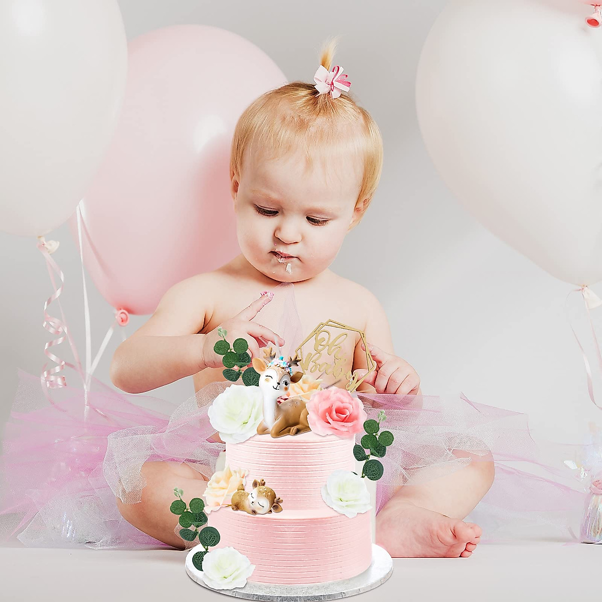 12 Pcs Deer Cake Toppers Deer Figurines Woodland Cake Toppers Baby Shower Deer Cake Topper Oh Deer Cake Topper Baby Girl Woodland Baby Shower Decorations Boho Cake Decorations (Elegant Style)