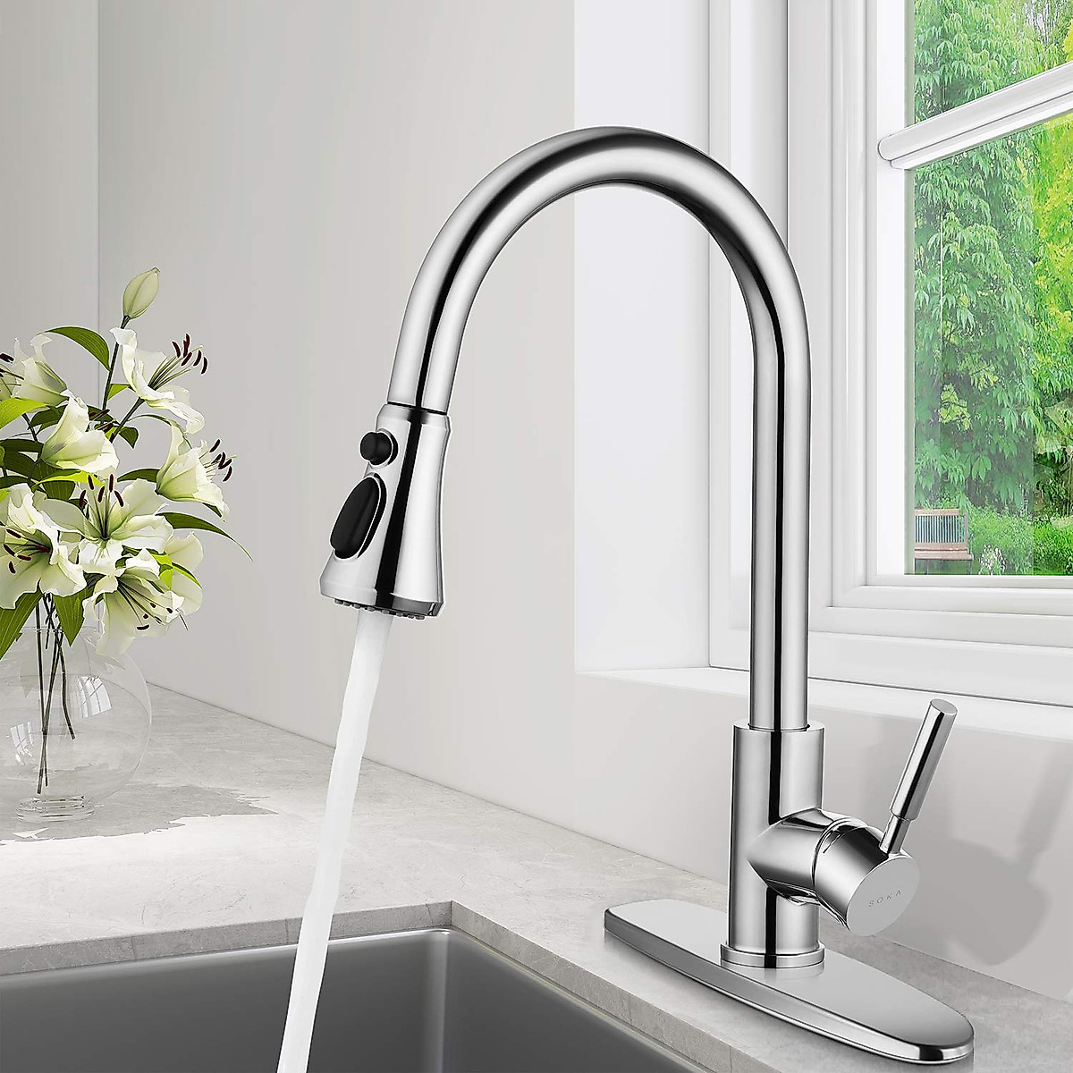 SOKA Single Handle Kitchen Faucet Stainless Steel High Arc Modern Style Aquablade Sweep, Stream & Spray Fit for One & 3 Hole
