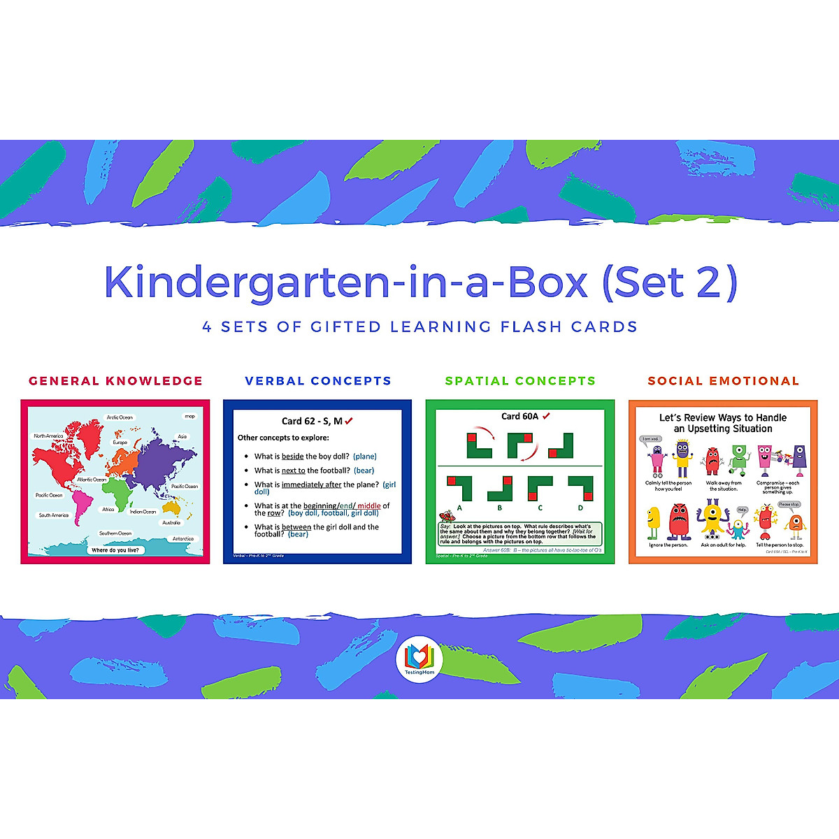 TestingMom.com Kindergarten-In-A-Box - Gifted Learning Flash Cards Bundle (Set 2) - General Knowledge, Verbal, Spatial, Social Emotional Learning - Gifted and Talented Test Prep for CogAT, WPPSI, NNAT