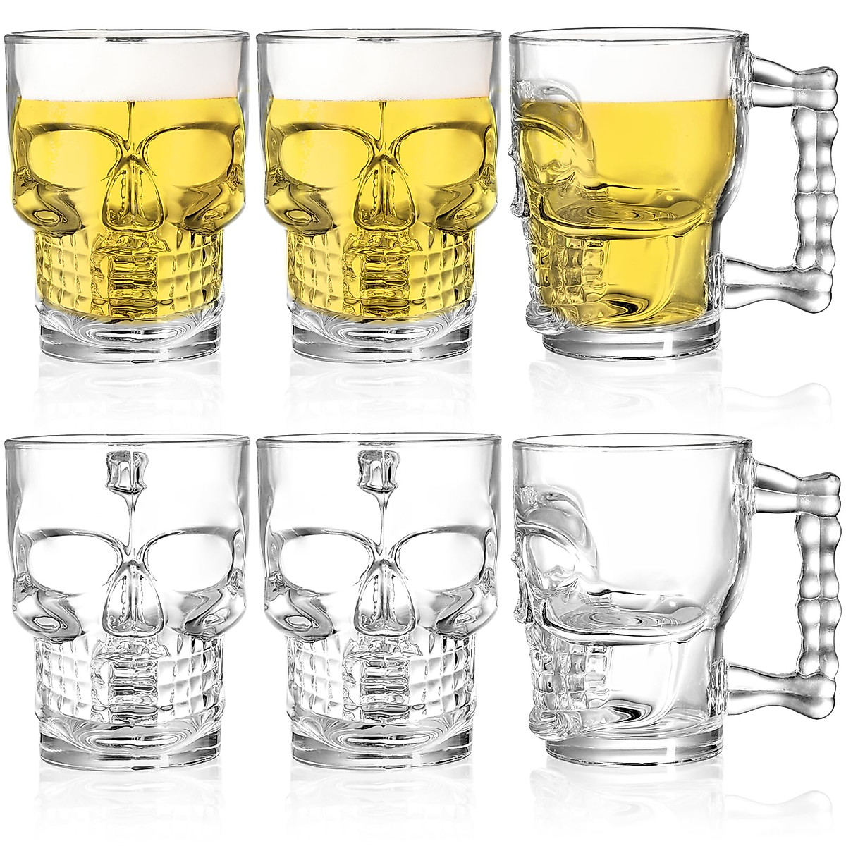 Hacaroa 6 Pack 17 Oz Skull Glass Beer Mug with Handle, Heavy Base Drinking Tiki Glasses, Clear Funny Beer Stein Cup for Whiskey, Wine, Juice, Bar, Halloween Decorations Gifts