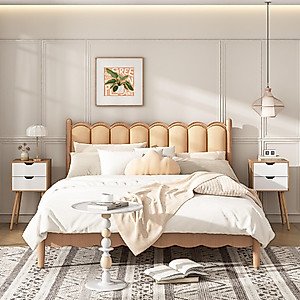 JAXPETY Nightstands Set of 2, Night Stand with Drawers, Bedside Tables with Solid Wood Legs and Large Storage Space, End Table, Side Table, for Bedroom, Natural