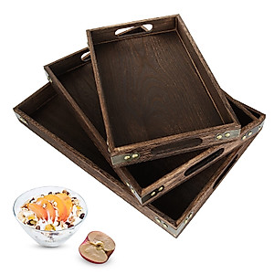 3PCS Wooden Trays, Wood Serving Tray with Handles, Rustic Vintage Food Serving Trays, Square Decorative Wooden Serving Trays for Breakfast, Appetizer, Coffee, Tea, Dining Room, Party, Restaurants