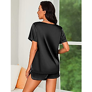 Litherday Silk Pjs For Women Set 2 Piece Pajama Shorts Set Soft V Neck Sleepwear Satin Lounge Set Outfits Classic Nightwear Black Large