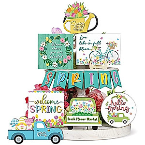 13 Pcs Spring Tiered Tray Decor Tulips Wooden Table Sign Flower Tiered Tray Rustic Colorful Spring Decorations Flower Market Tabletop Truck Wooden Signs for Spring Party Home Kitchen Holiday Decor