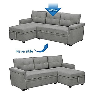 Naomi Home Diora Sectional Sleeper Sofa - Elegant L-Shaped Couch Convertible Pull-Out Bed, Ample Storage, Timeless Design, Sturdy Construction, Long-Lasting for Modern Living, Air Leather, Gray