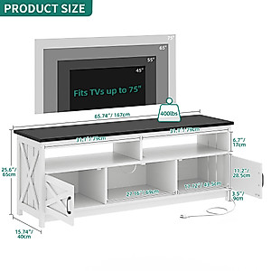 YITAHOME Farmhouse TV Stand for 75 65 Inch TV w/Power Outlets, LED Media Console with Storage Cabinets, Rustic Entertainment Center Table TV Cabinet for Living Room, 65'' Large TV Stand, Black/White