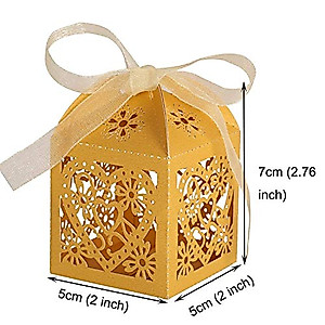 KPOSIYA 100 Pack Love Heart Laser Cut Wedding Party Favor Box Candy Bag Chocolate Gift Boxes Bridal Birthday Shower Bomboniere with Ribbons