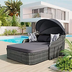 Outdoor Sunbed with Retractable Canopy, Rattan Wicker Patio Daybed with Washable Cushions and Pillows, Chaise Chair Sunbed for Garden Poolside Backyard, Gray Wicker