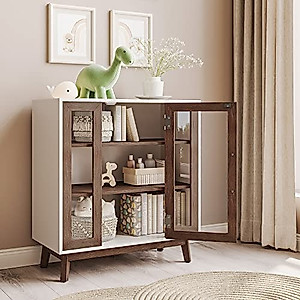 BELLEZE Sideboard Buffet Cabinet, Modern Curio Cabinet 3-Tiers Console Table for Kitchen Glass Display Cabinet Storage/Pantry Cabinet Coffee Bar for Living Room Bedroom Entryway, Brown