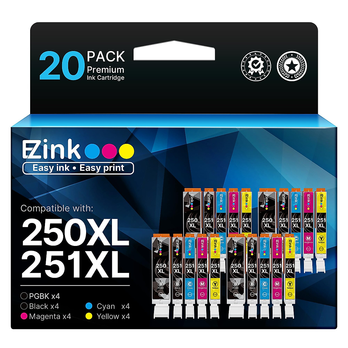 E-Z Ink (TM Compatible Ink Cartridge Replacement for Canon PGI-250XL PGI 250 XL CLI-251XL CLI 251 XL to use with PIXMA MX922 MG5520 (4 Large Black, 4 Cyan, 4 Magenta, 4 Yellow, 4 Small Black) 20 Pack