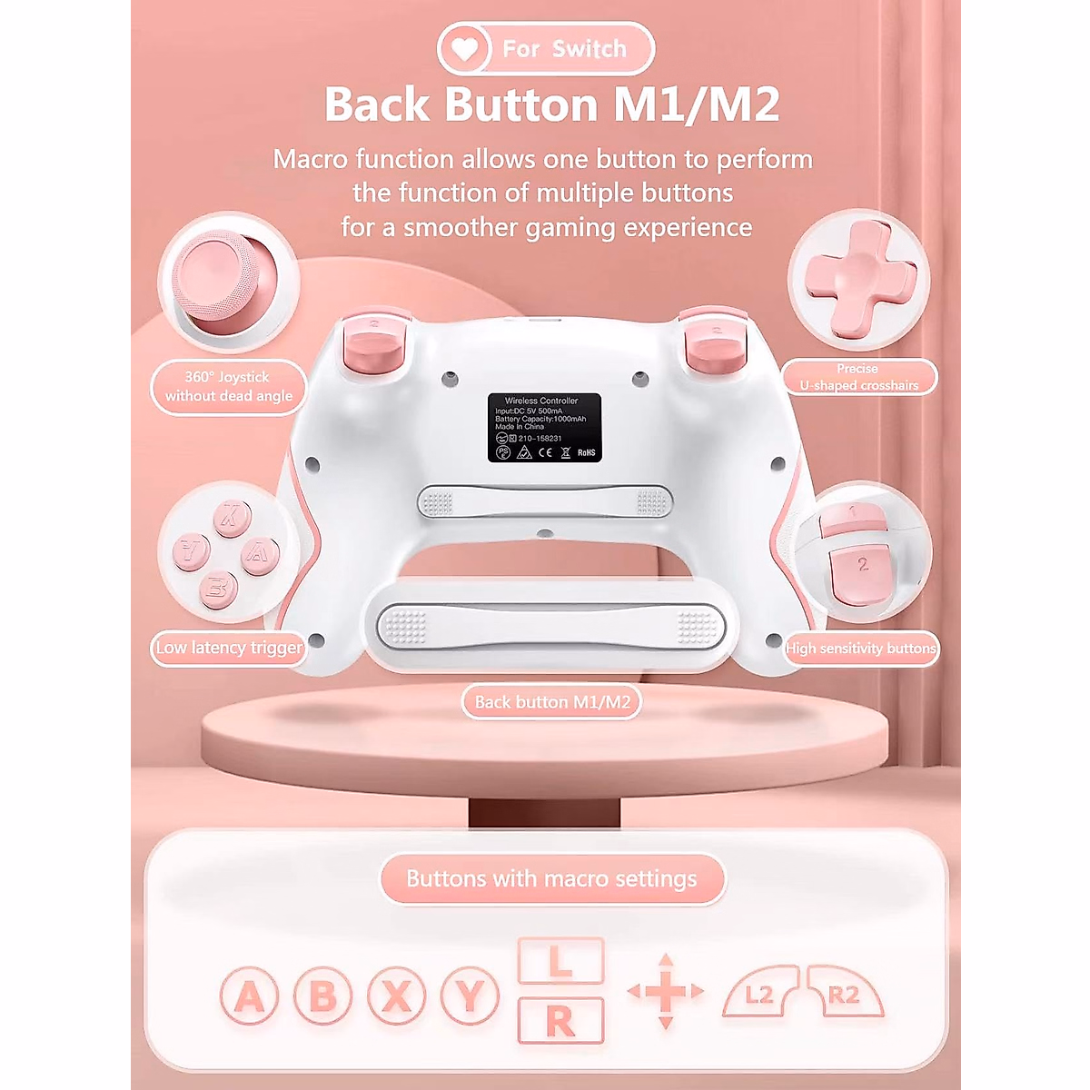 Matbip Wireless Pro Controller for Switch/Switch Lite/Switch OLED, wireless controller for switch with 2 back buttons, 3-level TURBO adjustable (Pink)