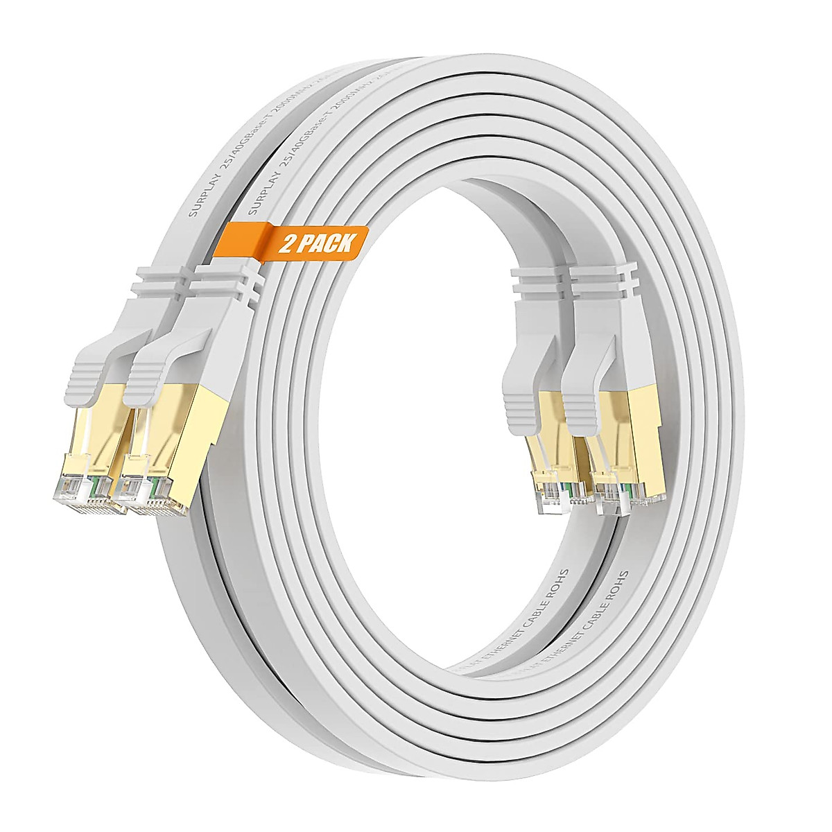 Surplay Cat8 Ethernet Cable 15FT-White-40Gbps-2000Mhz,High Speed Outdoor&Indoor Flat Cord,Gold-Plated RJ45 Double Shielded with Ground Wire & Cable-Tie for PS5/4,Xbox,TV,Router,PC,NAS