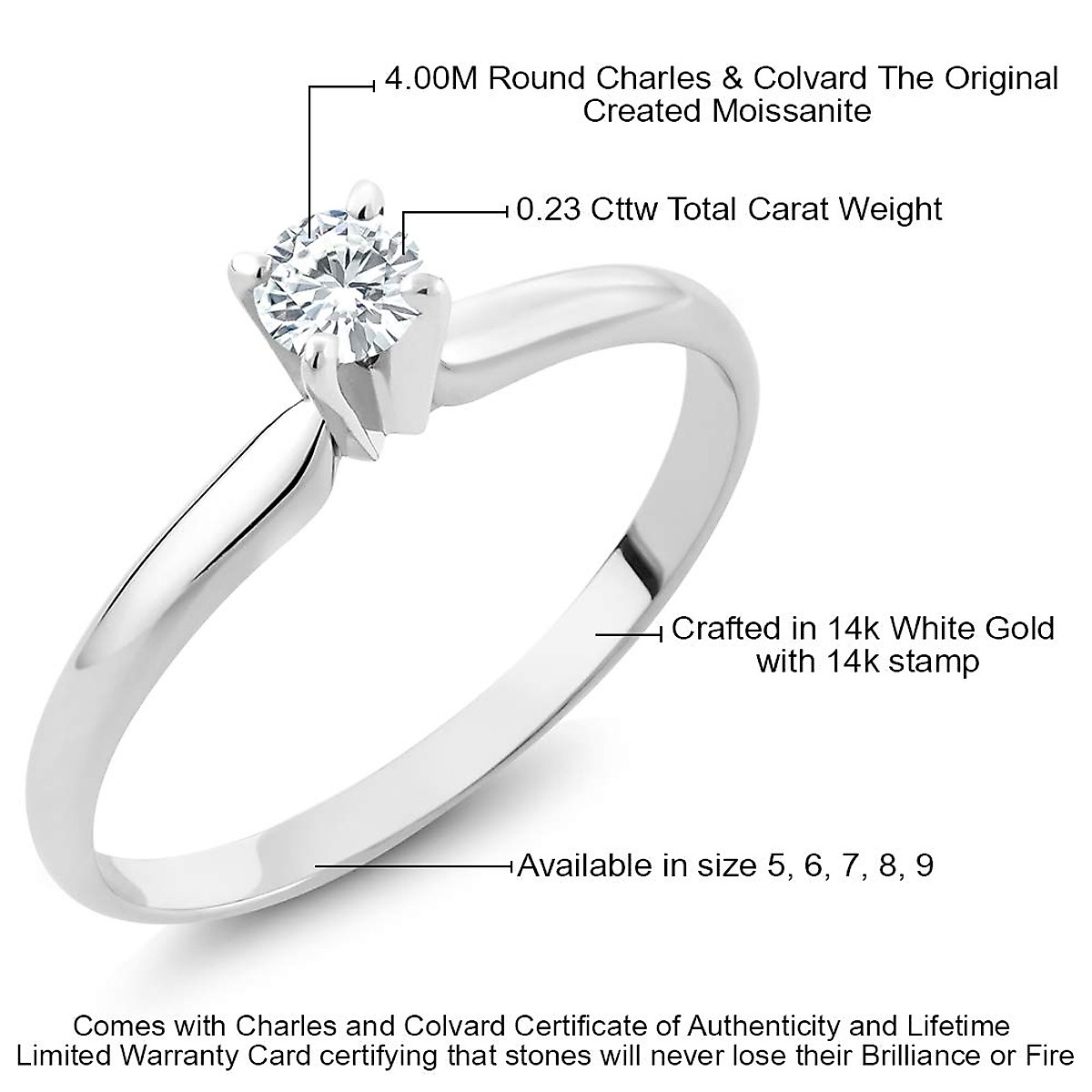 14K White Gold Moissanite Ring | Round 4MM Forever Classic from Charles & Colvard Solitaire Engagement Ring For Women | 0.23 Cttw | Available in size 5, 6, 7, 8, 9