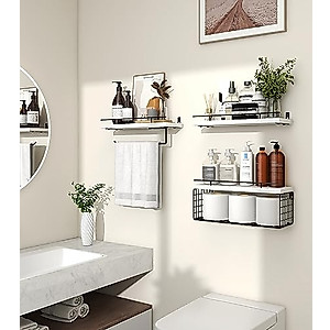 Mefirt Floating Shelves, 3+2 Tier Bathroom Shelves with Paper Towel Holder & Towel Bar, Wood Wall Décor Shelves Over Toilet with Wire Storage Basket & Guardrail, Farmhouse Floating Shelf - White