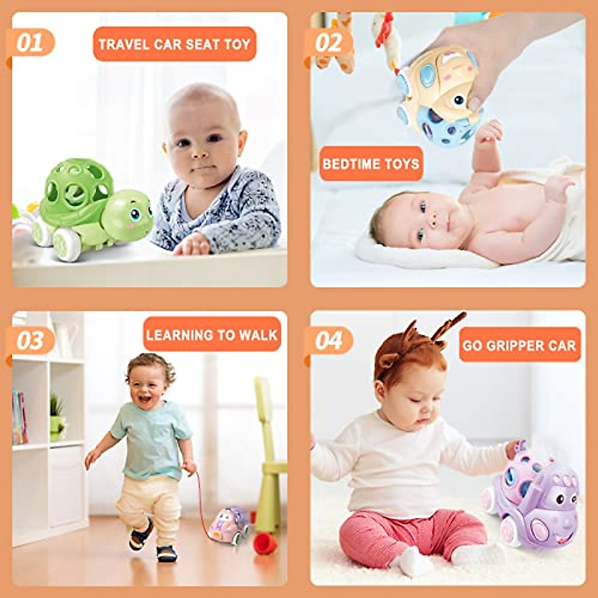 Tepear Baby Girl Rattle Roll Car Push Vehicles Soft Rubber Toy 6 12 Months Infant Boys Walker Toddler, 3pcs Fiction Power Truck Learning Gift for 1 2 3 Year Old Kid