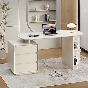 Qulomvs Computer Desk, 55inch Home Office Desk with Drawers and Storage Shelves, Cream White Desk Modern Simple Style Laptop Desk, Work Study Writing Table Workstation for Home Office