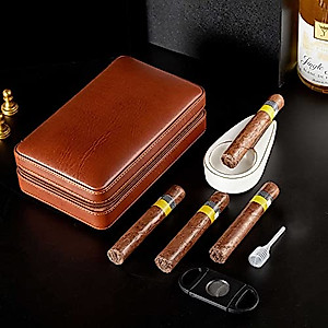 Cigar Humidors, Portable Humidor for Travel and Men's Gifts, Cedar Wood Brown Leather Cigar Accessories with 6 Set（Cigar Cutter*2, Ashtray, Cleaning Pen,Towel）