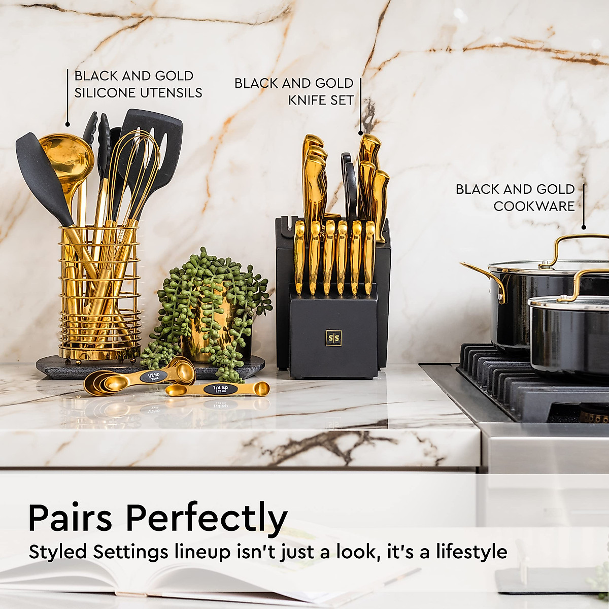 Black and Gold Pots and Pans Set Nonstick - 15PC Luxe Black Pots and Pans Set Non Toxic - Induction Compatible, PFOA Free Black and Gold Cookware Set & Gold Kitchen Utensils - Gold Kitchen Accessories