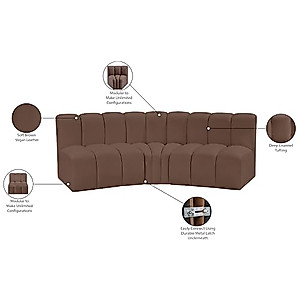 Meridian Furniture 101Brown-S3B Arc Collection Modern | Contemporary Modular Sofa with Soft Brown Vegan Leather, Deep Channel Tufting, Modular Design, 86" W x 41" D x 30" H, Brown
