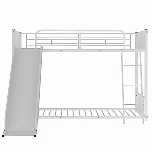 RUNWON Twin Over Twin Low Bunk Bed with Slide, Metal Floor Bedframe w/Easy Climp Ladders and Full Length Safety Guard Rails for Kids Bedroom