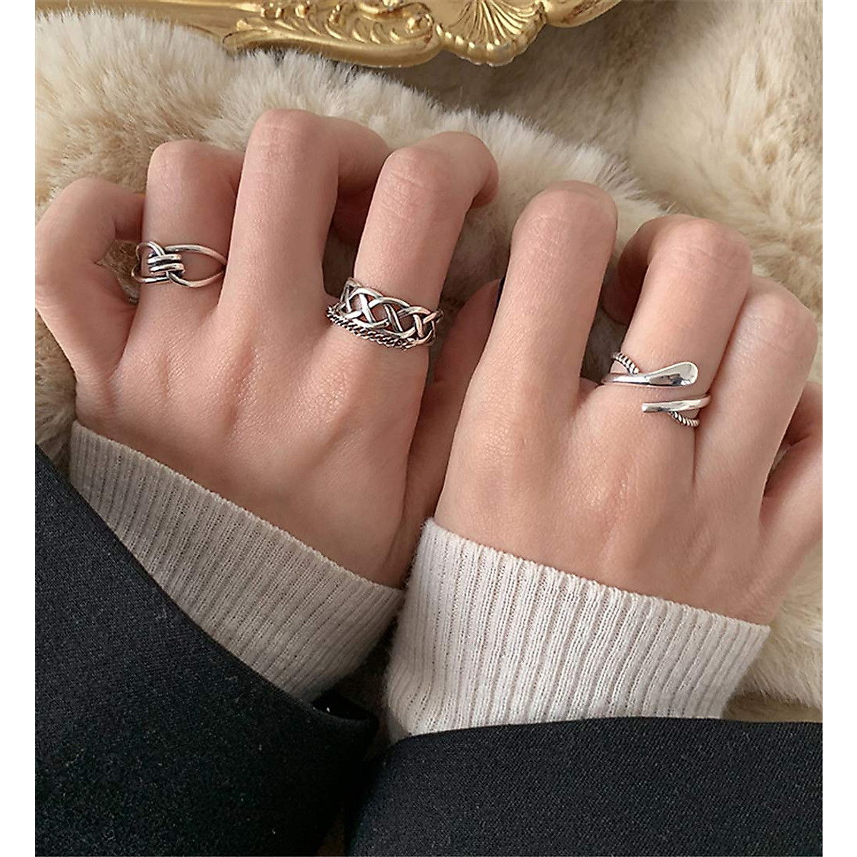 Jemant Ring For Women Adjustable Silver Hip Hop Kpop Fashion Twist Chain Rope Unique 3 Pc Stacked Ring Set (Silver)