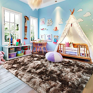 Isdook Shaggy Rugs Fluffy Rug, Plush Area Rugs for Living Room Nursery Home Decor, Tie-Dyed Brown Anti-Skid Rectangular Fuzzy Rug 4x6 Feet