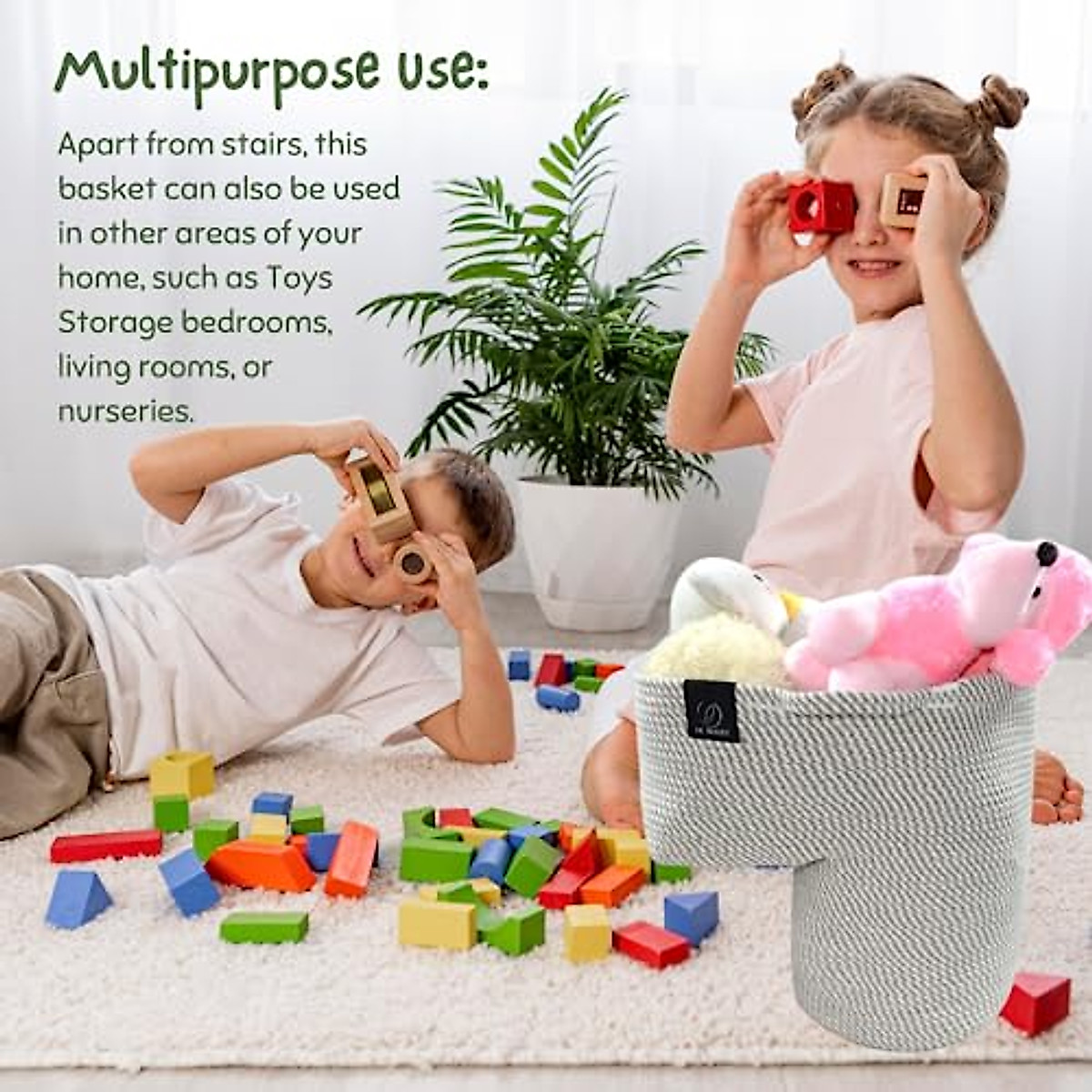 IK Mart Stair Basket - Cotton Rope Stair Baskets for Carpeted Stairs, Internal Support for 16'' Carpeted Stairs Organizer and Wooden Stairs - Perfect Basket for Toys, Laundry & Clothes Storage