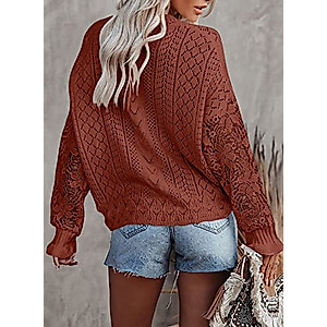 Dokotoo Women's V Neck Crochet Hollow Out Long Sleeve Button Down Cable Knit Cardigan Sweaters for Women Ladies Lightweight Tunic Fashion Sweater Pullover Tops Dark Orange M