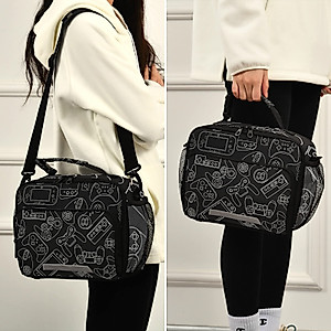 Glaphy Video Game Pattern Black Lunch Bag, Cooler Lunch Tote Box Insulated Lunch Bags Food Container for Boys Girls Kids