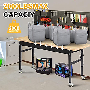 60" Adjustable Work Bench, Rubber Wood Top Workbench Heavy-Duty Work Table with Power Outlet with Wheels, 2000 LBS Load Capacity Hardwood Work Benches for Garage, Workshop, Home, Office, Easy Assembly