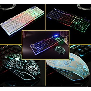 Axiba Waterproof Gaming Keyboard Mouse Sets USB Wired 104 Keys Skull Rainbow LED Backlit Multimedia Ergonomic Gamer Keyboard 2400DPI 6 Buttons Optical Professional Game Mice + Mouse Pad (Skull White)