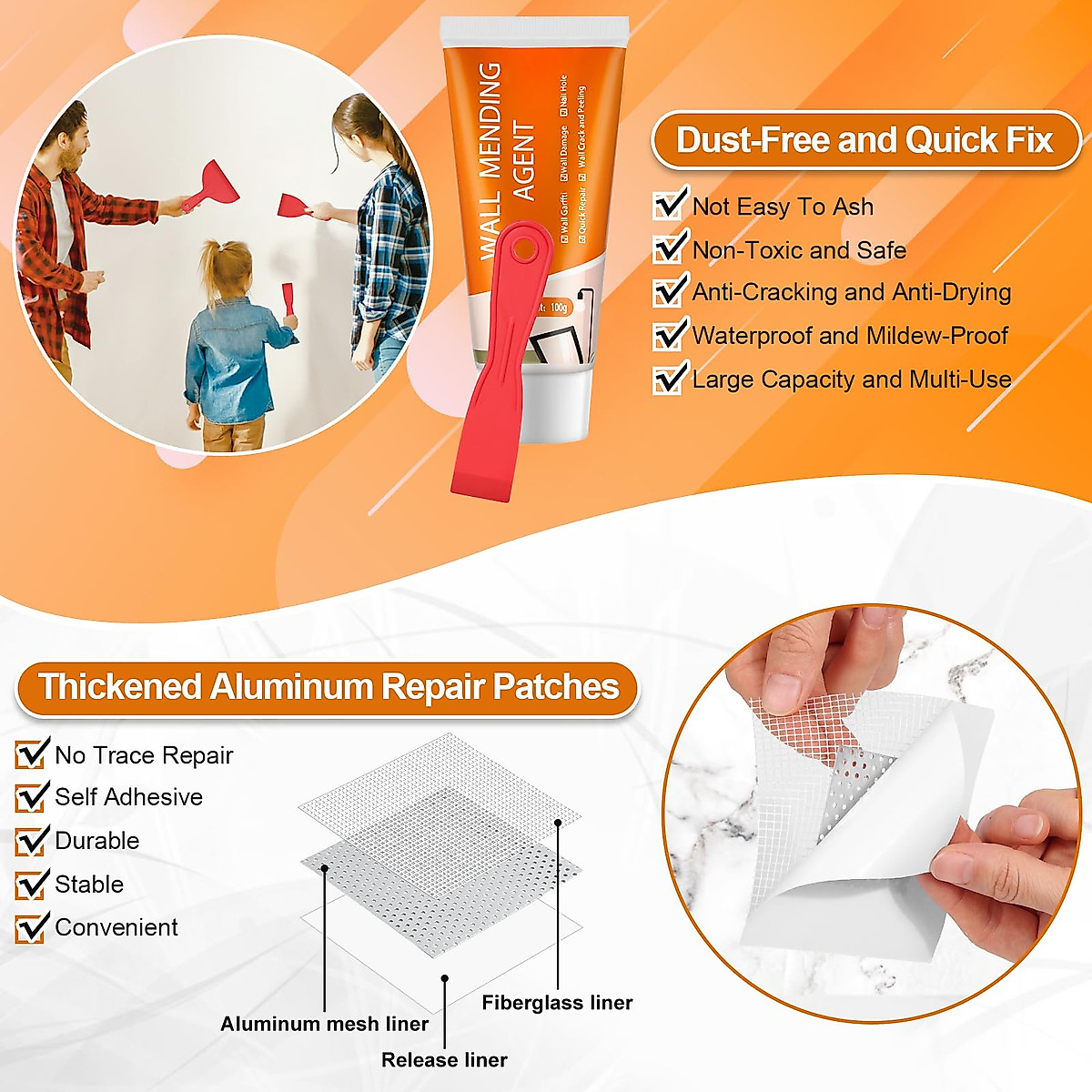 Mckanti 2 Pcs Drywall Repair Kit, Spackle Plaster Wall Repair kit Drywall Hole Patch Kit with Wall Mending Agent, Scrapers, Large Hole Drywall Patch, Sandpaper and Gloves for Wall Surface Crack Fill