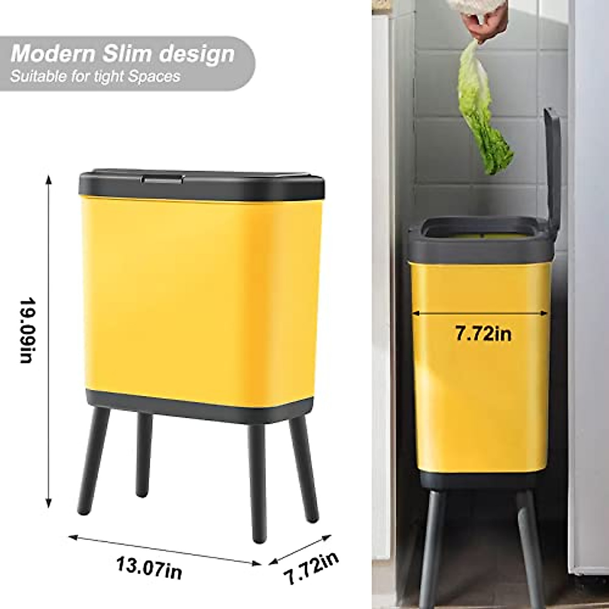 Slim Trash Can with Lid,4Gallon Plastic Garbage Can with Push Button,Dog Proof Trash Can for Room,Tall Kitchen Garbage Bin, Narrow Modern Waste Basket for Bathroom,Living Room,Toilet,Office(Yellow)