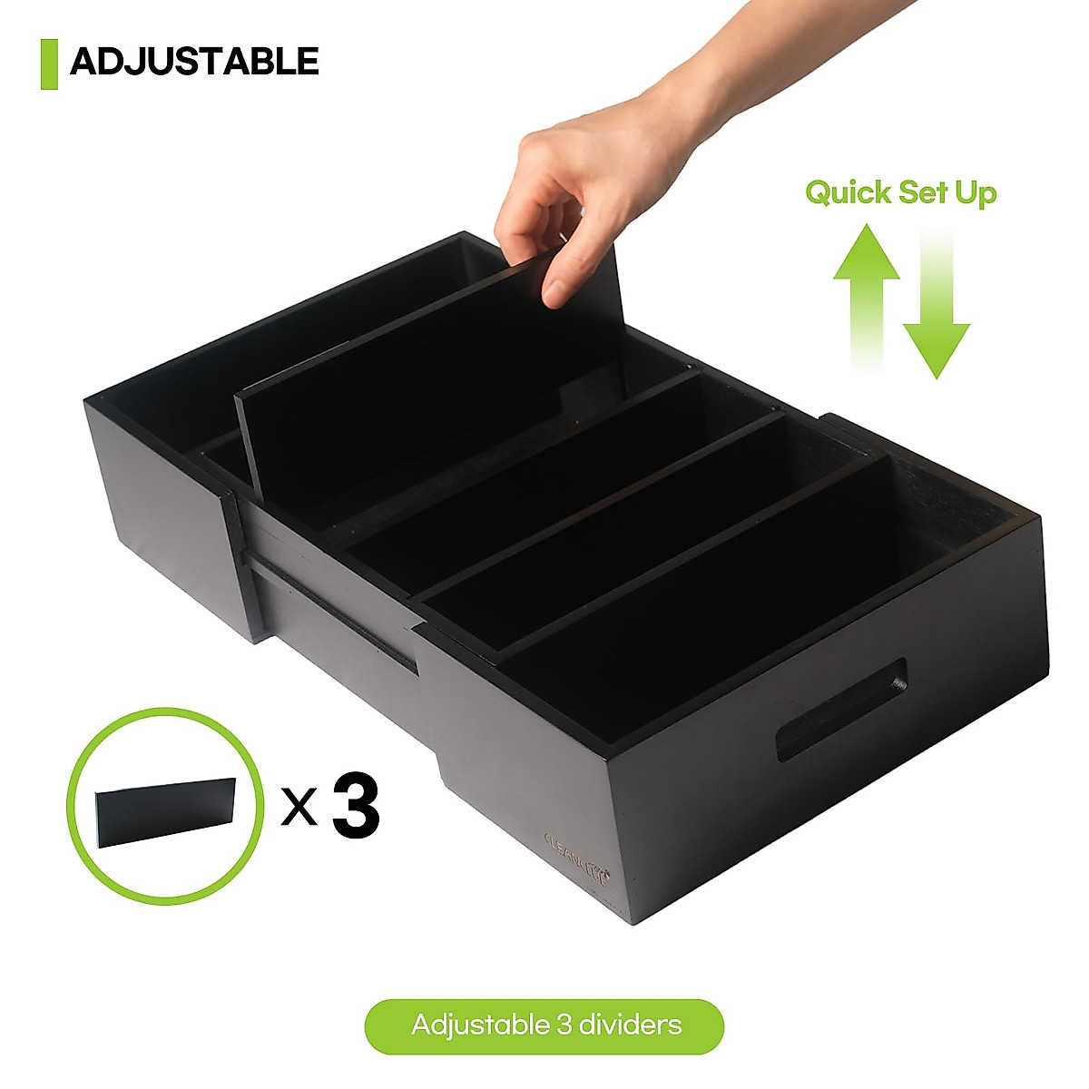 Cleanclue Expandable Kitchen Cabinet Organizer for Food Storage Container Lids, Bamboo Drawer Caddy Adjustable Dividers, Box for Kitchen Storage and Organization, Lids Organizer for Cabinet (Black)