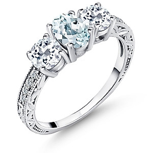 Gem Stone King 925 Sterling Silver Sky Blue Aquamarine and White Topaz 3-Stone Women Ring (2.07 Ct Oval, Available in size 5, 6, 7, 8, 9)