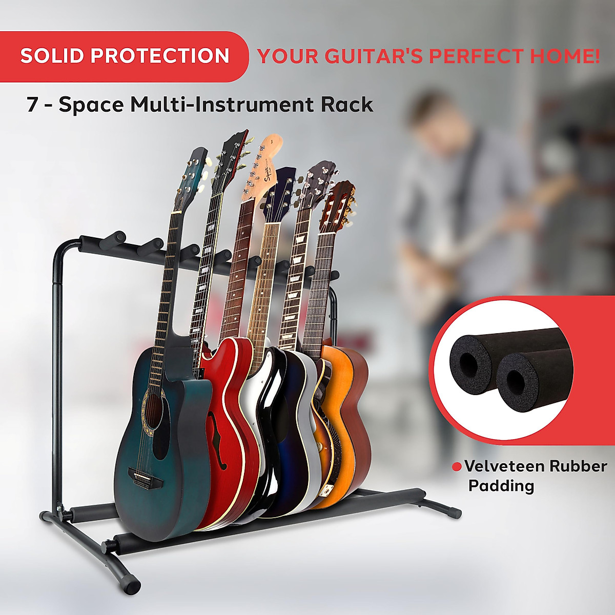 Pyle Multi-Guitar Stand 7 Slot Display Rack - Universal Framework Designed for Electric, Acoustic, Bass Guitars & Cases - Foldable, Portable, and Protective with No-Slip Non-Scratch Padding - Black