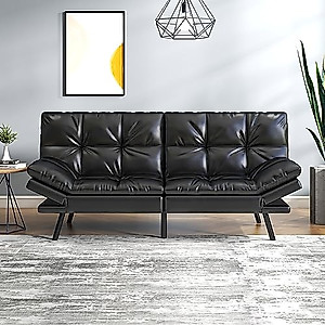 IULULU Memory Foam Futon Couch Bed Faux Leather Convertible Sofa with Adjustable Splitback Armrests for Compact Living Space, Black