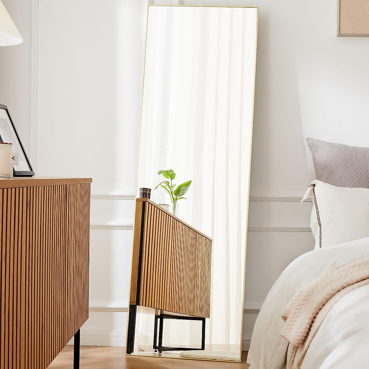 Sweetcrispy 59"x16" Floor Standing Mirror, Wall Mirror with Stand, Full Length Aluminum Alloy Thin Frame Hanging or Leaning for Living Room Bedroom Cloakroom, Gold