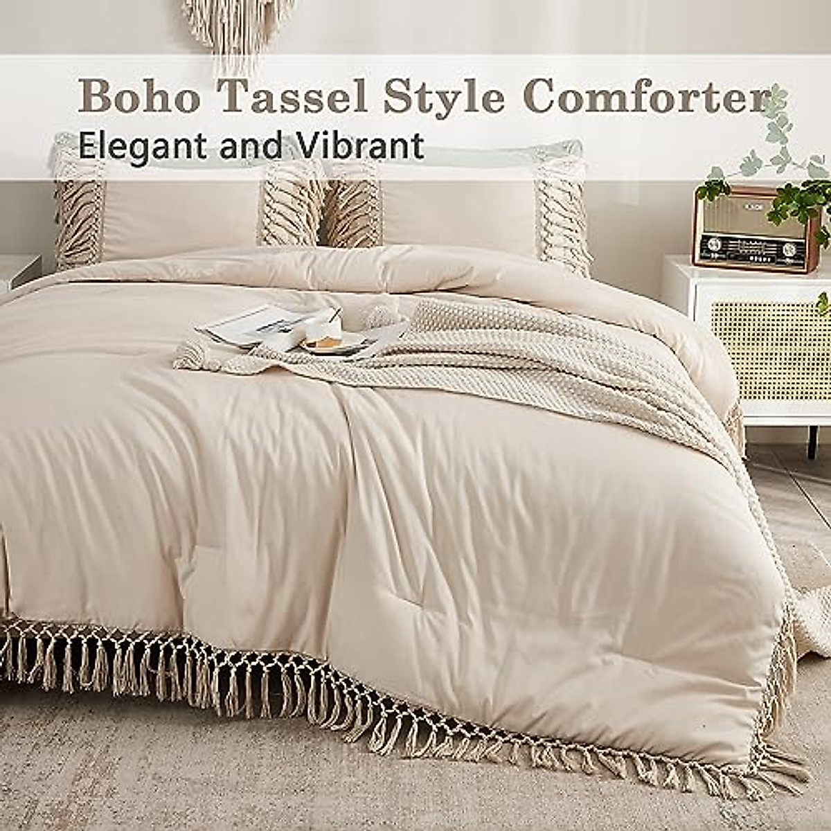Andency King Size Comforter Set Beige, 3 Pieces Boho Tassel Lightweight Soft Bedding Comforter Sets for King Bed, All Season Fluffy Bed Set (104x90In Comforter & 2 Pillowcases)