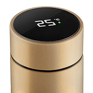 Maverton Personalized Travel Mug for man - Engraved 15,2 oz. vacuum insulated flask - Tea infuser - Gold Coffee Mug for Birthday - LED Temperature Display - Gadget for him - CROWN