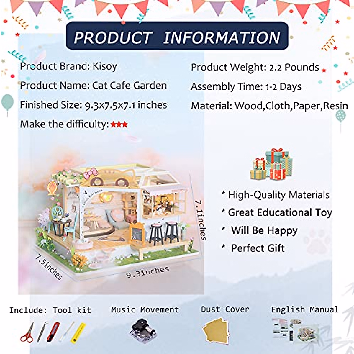 Kisoy Dollhouse Miniature with Furniture Kit, Handmade DIY House Model for Teens Adult Gift (Cat Cafe Garden)