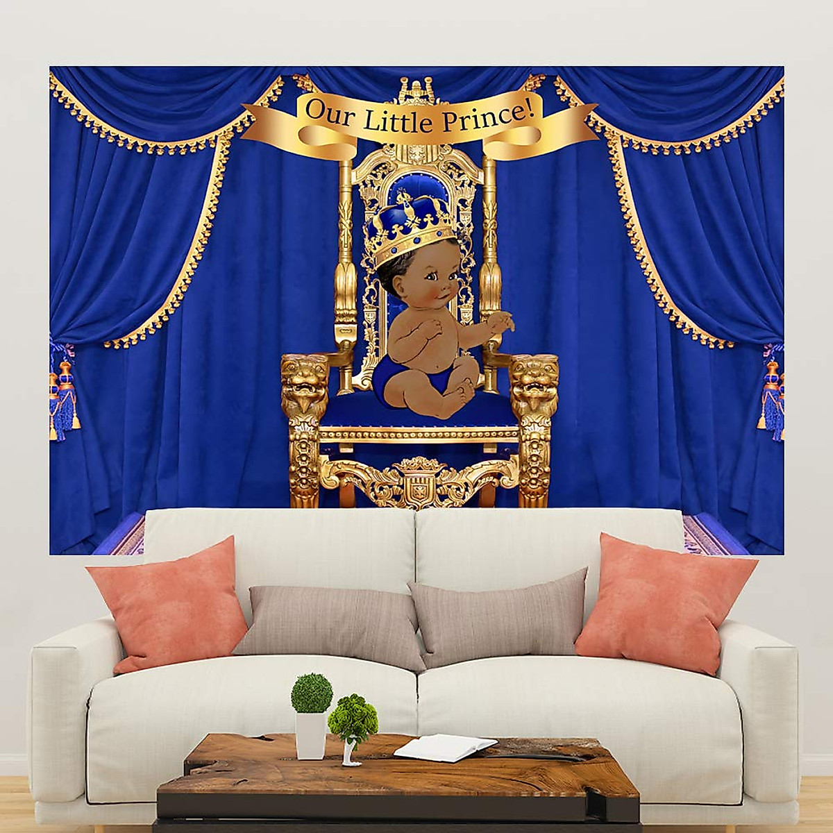5×3ft Royal Little Prince Boy King Baby Shower Backdrop Blue Curtain Gold Crown Theme Party Banner Decorations Ethnic Black Boys Newborn 1st Birthday Cake Table Supplies Portrait Shooting Photo Props