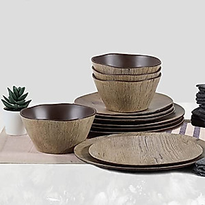 Melamine Dinnerware Sets - 12 pcs Melamine Plates Outdoor Plates Summer Plates and Bowls Sets Melamine Plates Ideal Camping Dish Set Dinnerware Set for 4 Dishwasher Safe (Wood Grain)