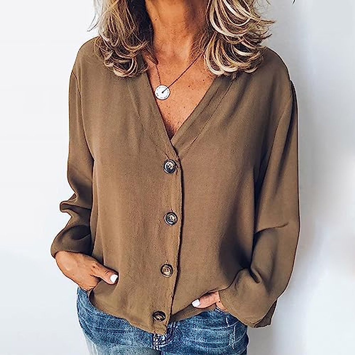 Casual Tops for Women Plus Size Button Down Chiffon Blouses Loose v Neck Button Down Tunic Shirts Going Out Date Night Tops for Women Brown XL