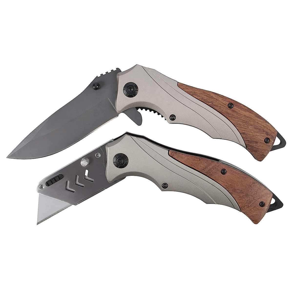 Performance Tool W9371 Hardwood and Aluminum Pocket and Utility Knife Set with Drop Point Blades and Inline Blade Locks and Clips (2 Pieces)