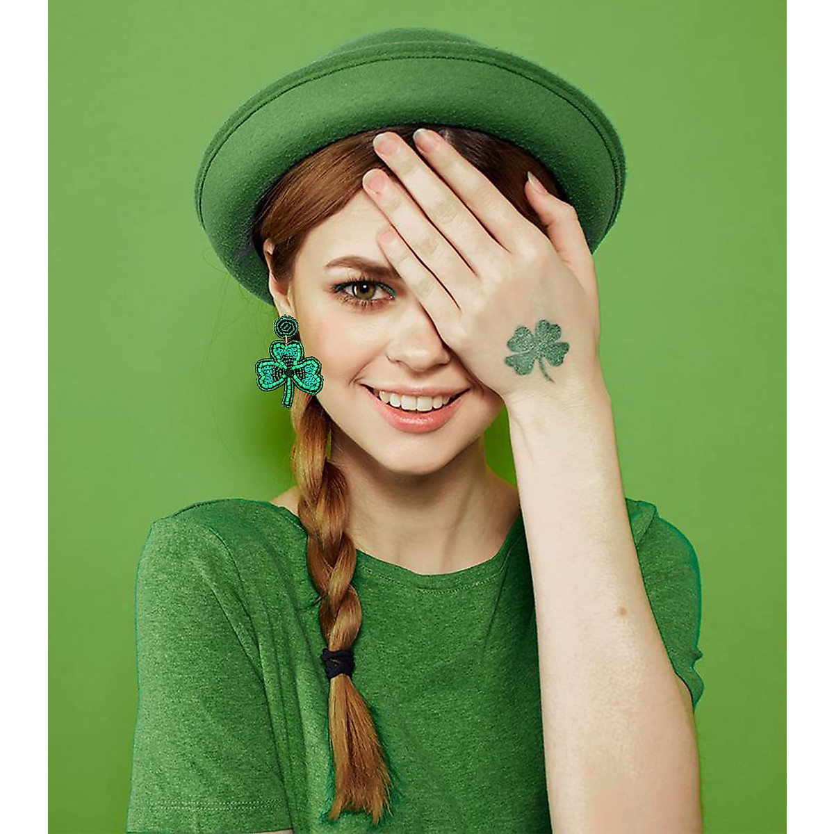 St Patricks Day Dangle Earrings Beaded Shamrock Earrings Handmade Hypoallergenic Cute Green Leaf Lucky Clover Drop Dangling Earrings for Women Irish Holiday Jewelry Gift